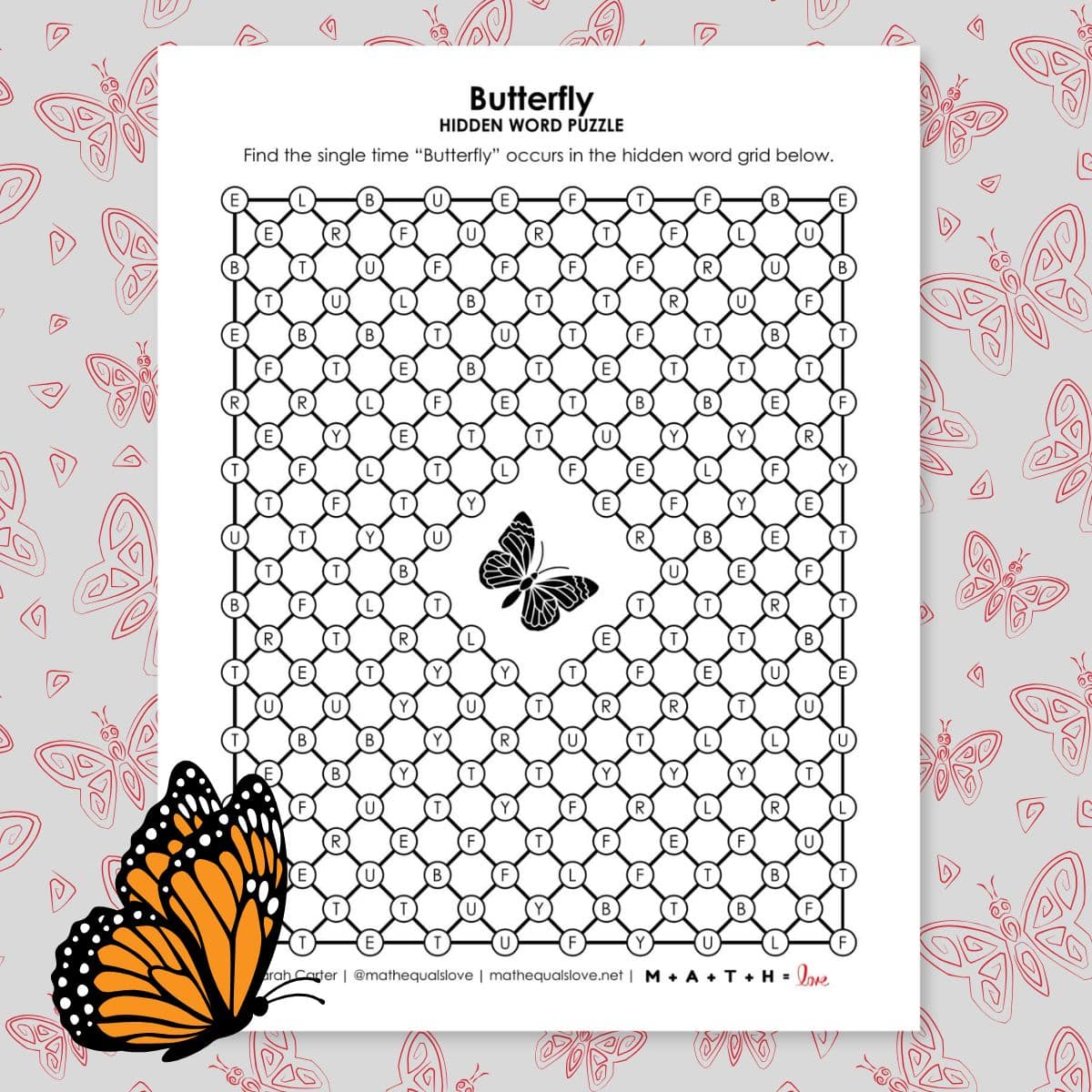 Butterfly Hidden Word Puzzle | Math = Love