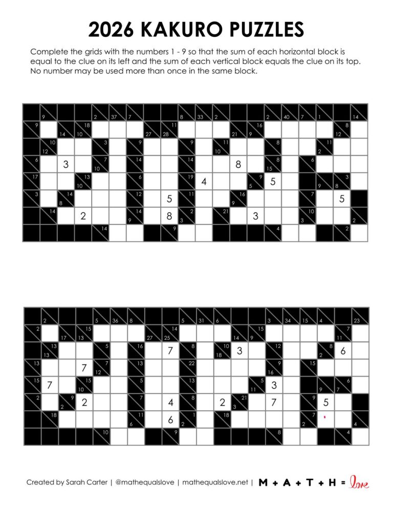 2026 Kakuro Puzzles for New Years | Math = Love