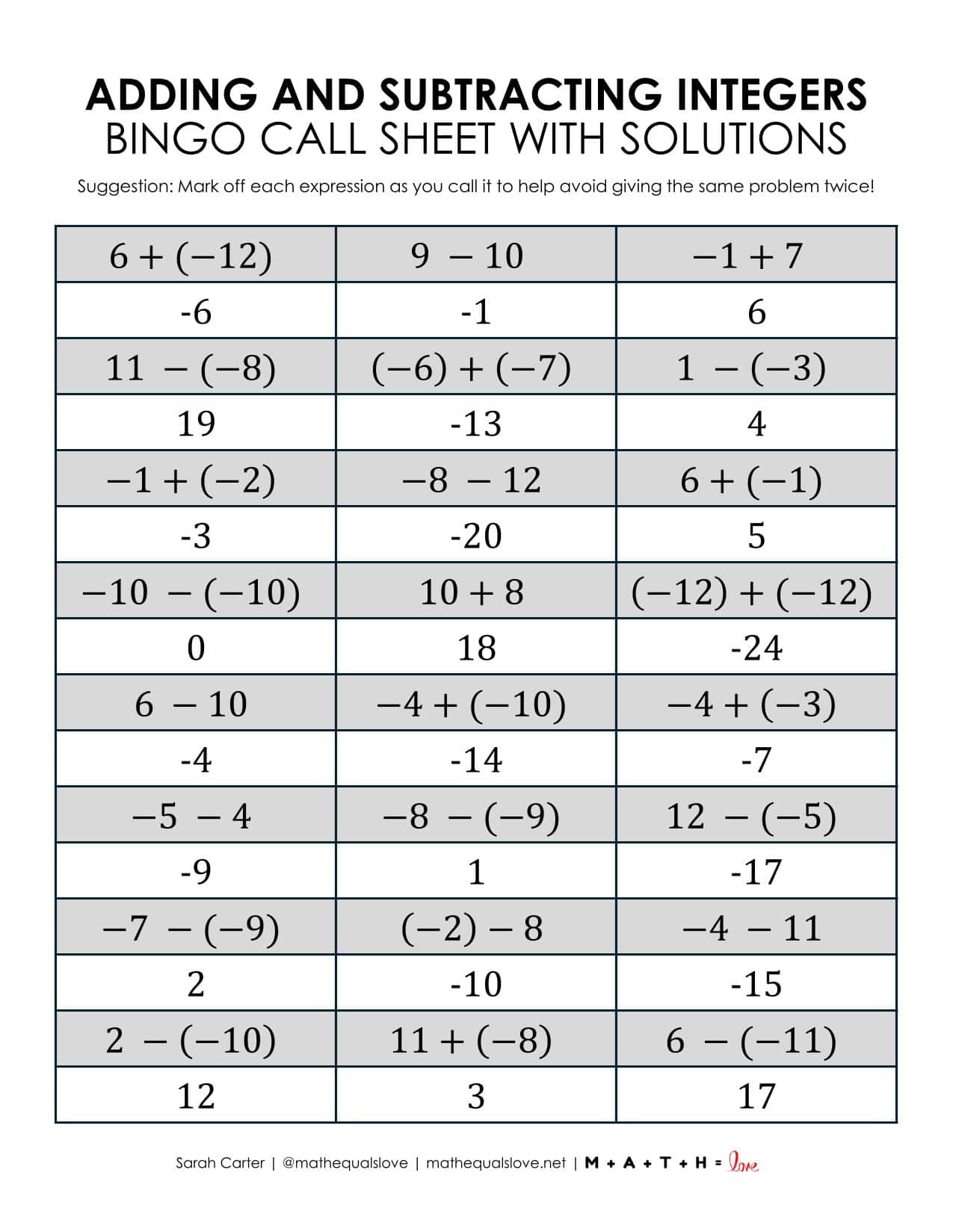 Adding and Subtracting Integers Bingo Game | Math = Love