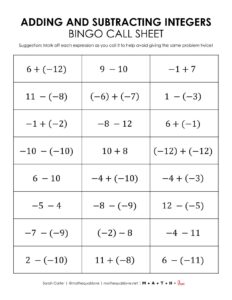 Adding and Subtracting Integers Bingo Game | Math = Love