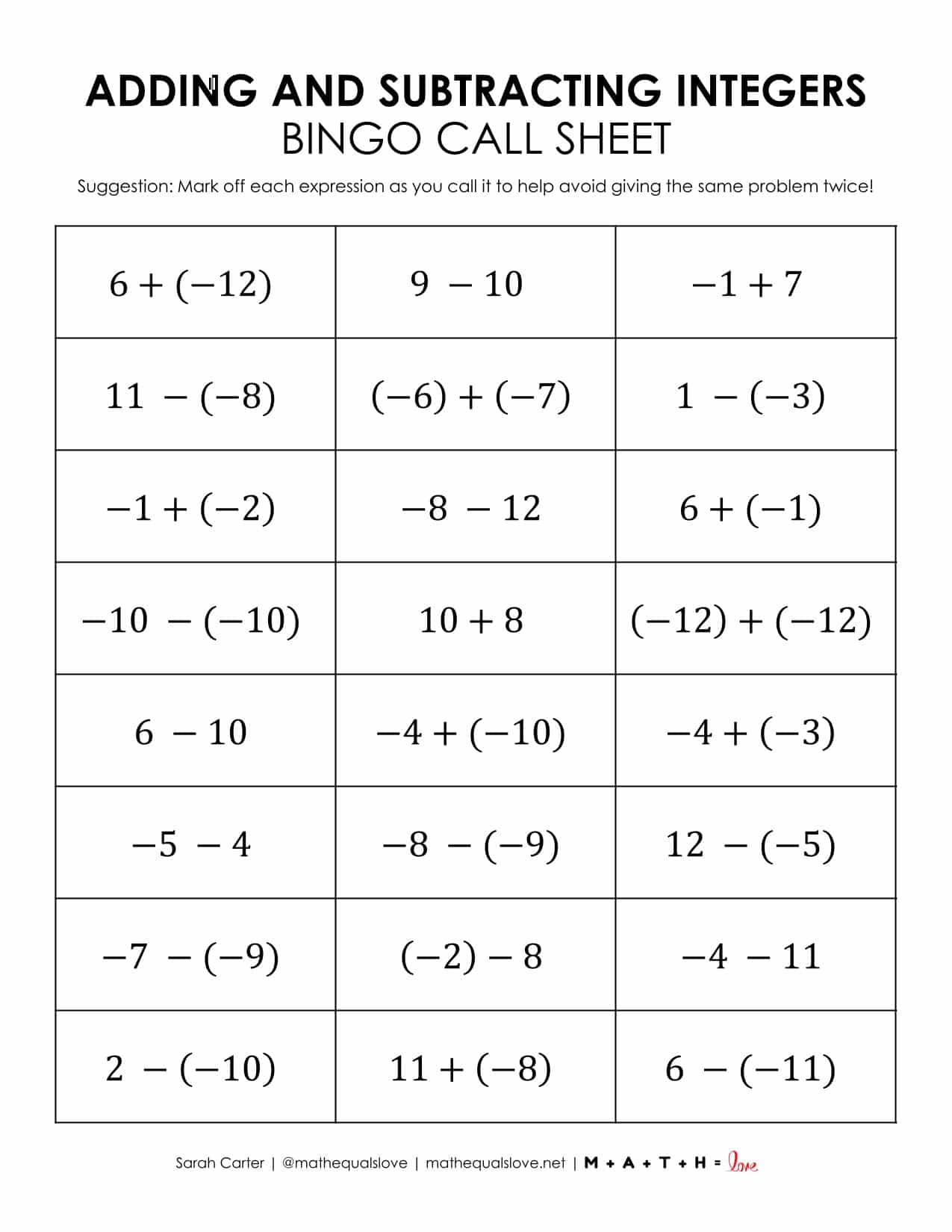 Adding and Subtracting Integers Bingo Game | Math = Love