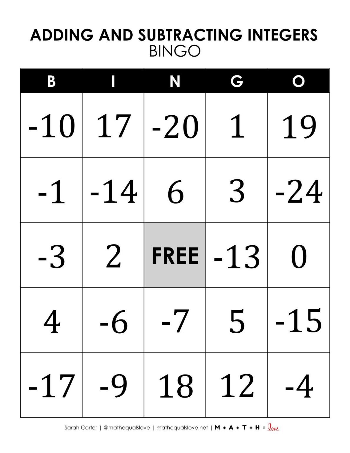 Adding and Subtracting Integers Bingo Game | Math = Love