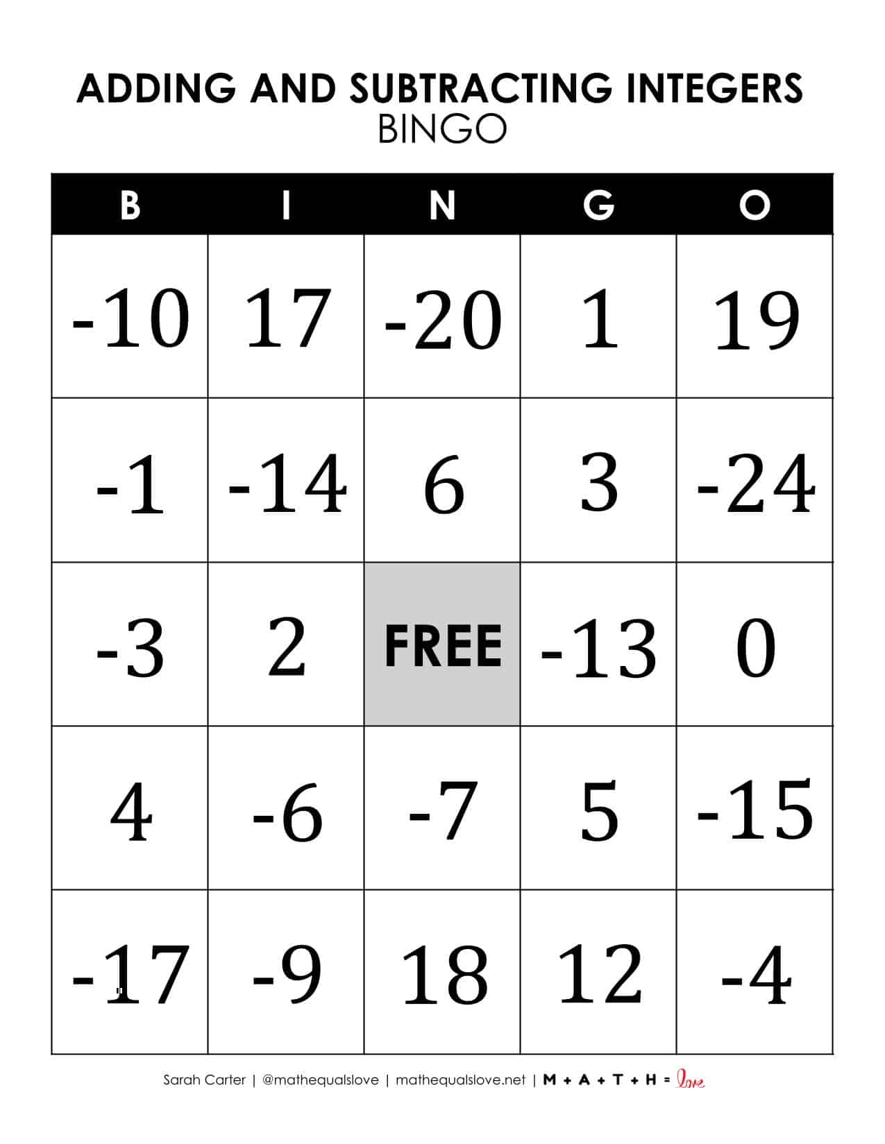 Adding and Subtracting Integers Bingo Game | Math = Love