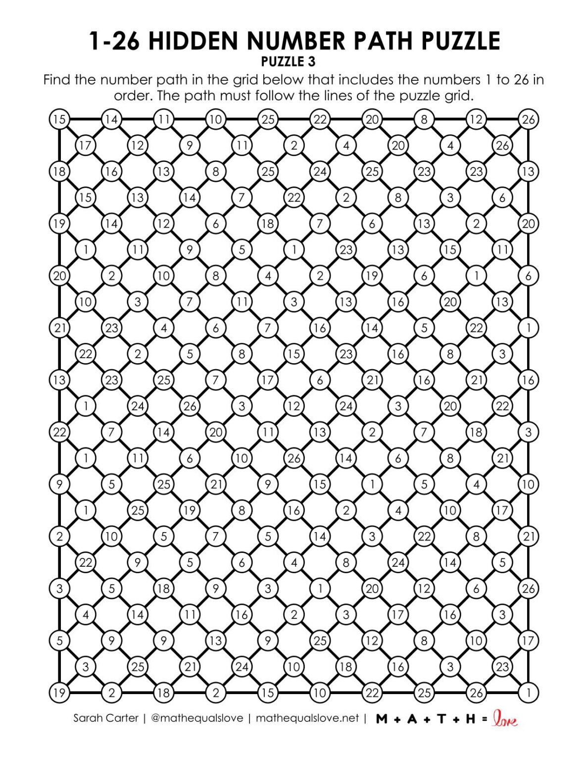 1-26 Hidden Number Path Puzzles | Math = Love