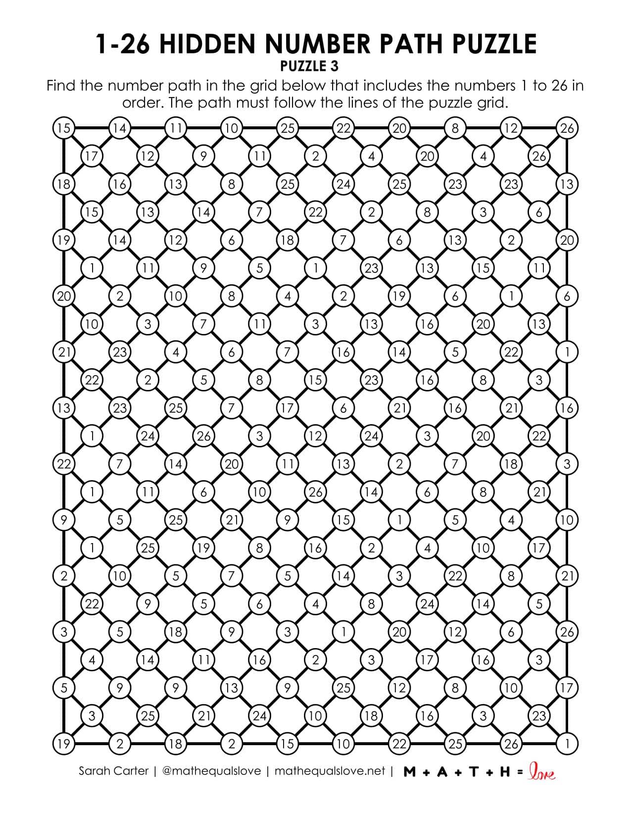 1-26 Hidden Number Path Puzzles | Math = Love