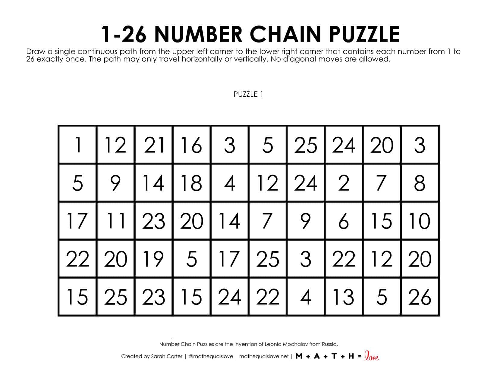 1-26 Number Chain Puzzles | Math = Love