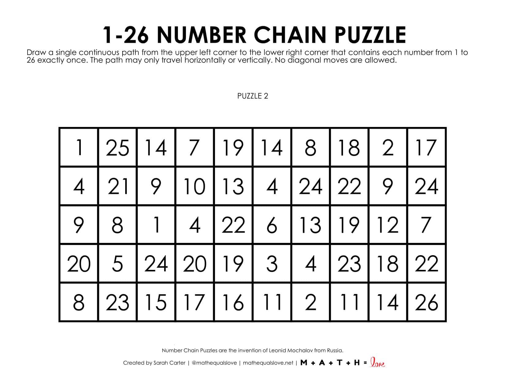 1-26 Number Chain Puzzles | Math = Love