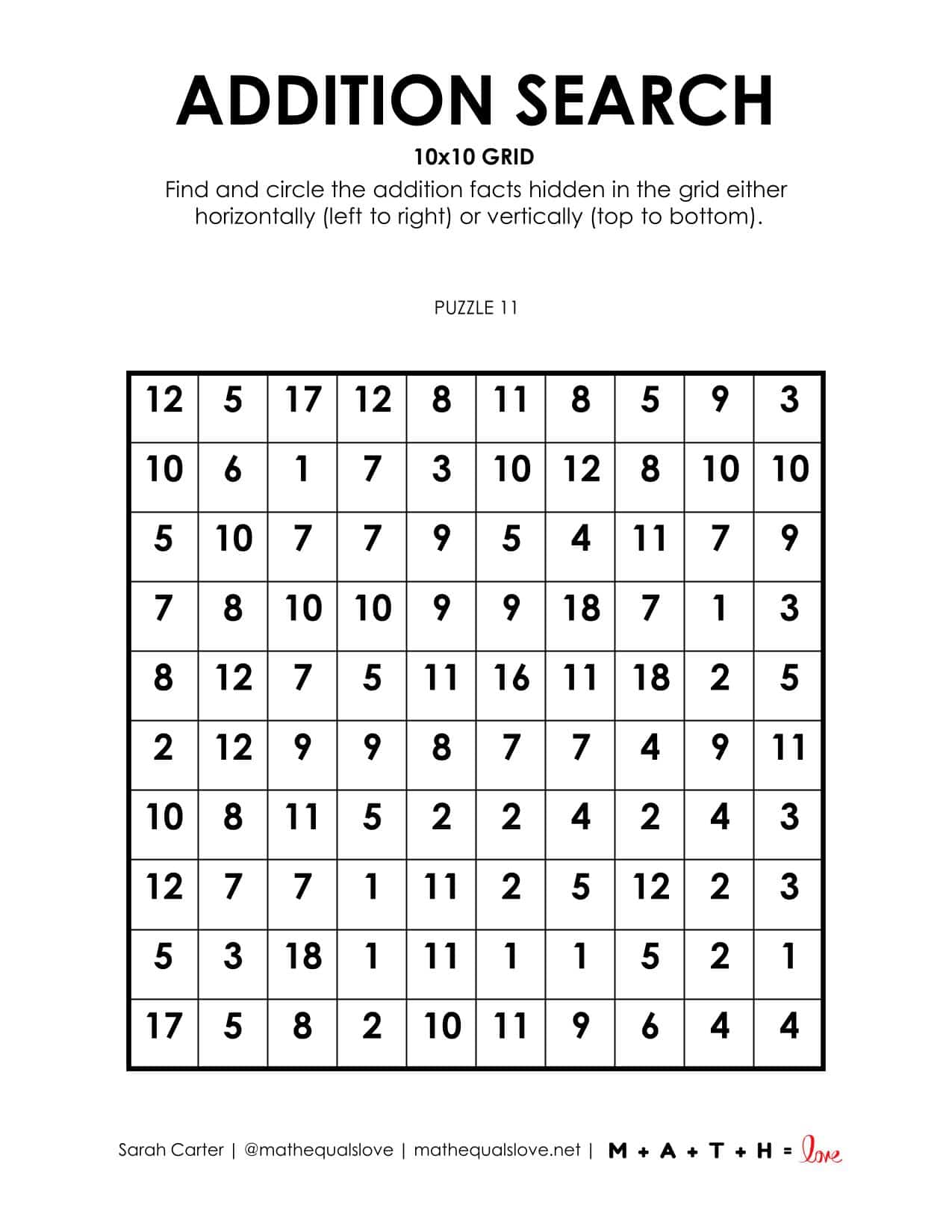 10x10 Addition Search Puzzles | Math = Love