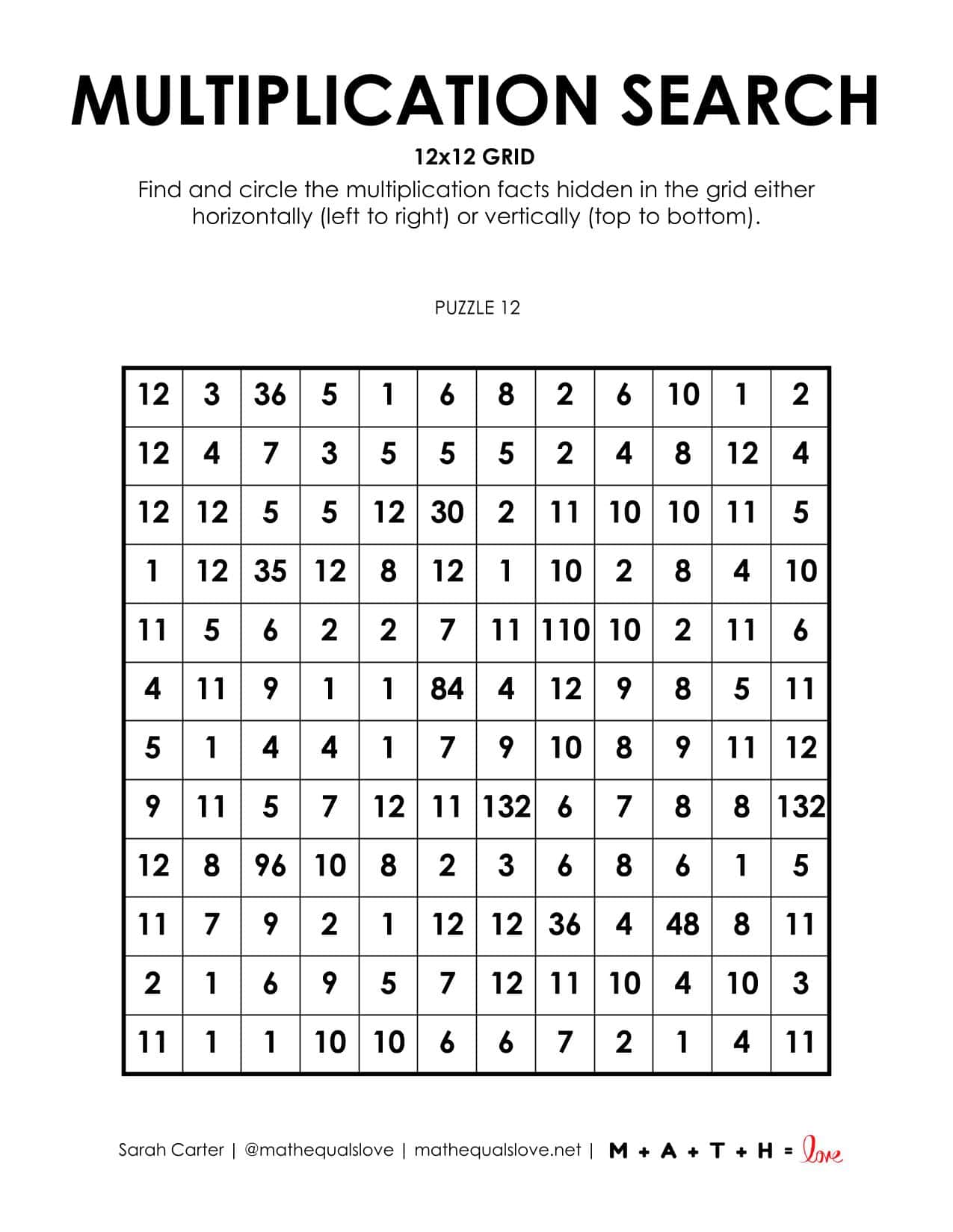 12x12 Multiplication Search Puzzles | Math = Love