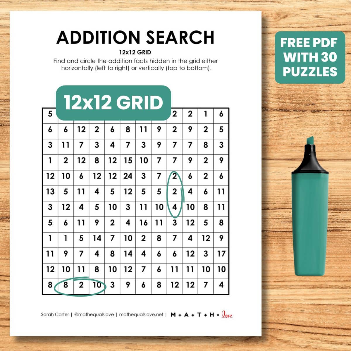 12x12 Addition Search Puzzles | Math = Love