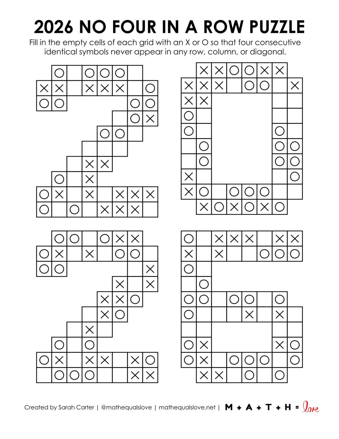 2026 No Four in a Row Puzzles for New Years | Math = Love