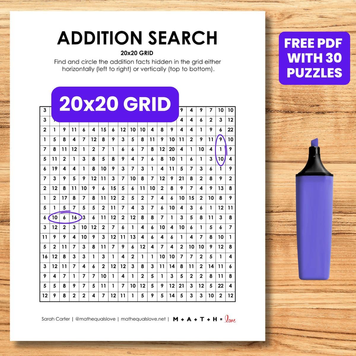 20x20 Addition Search Puzzles | Math = Love