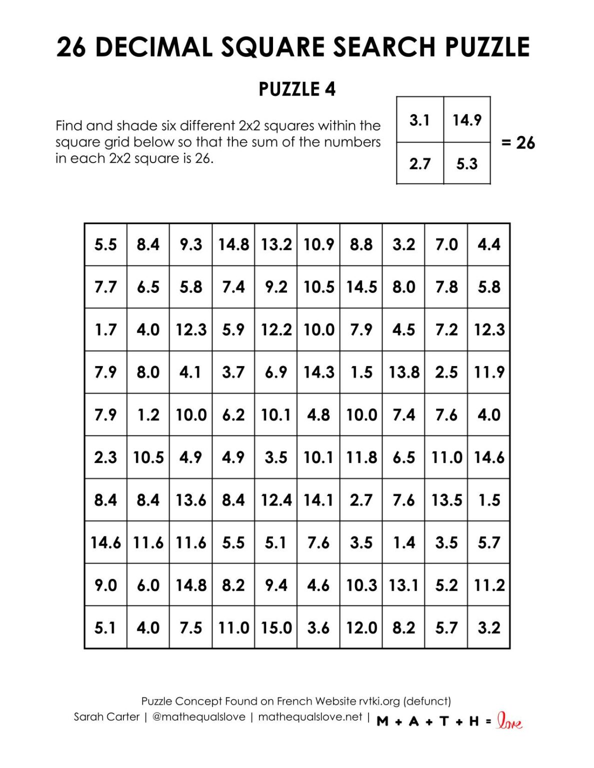 26 Decimal Square Search Puzzles | Math = Love