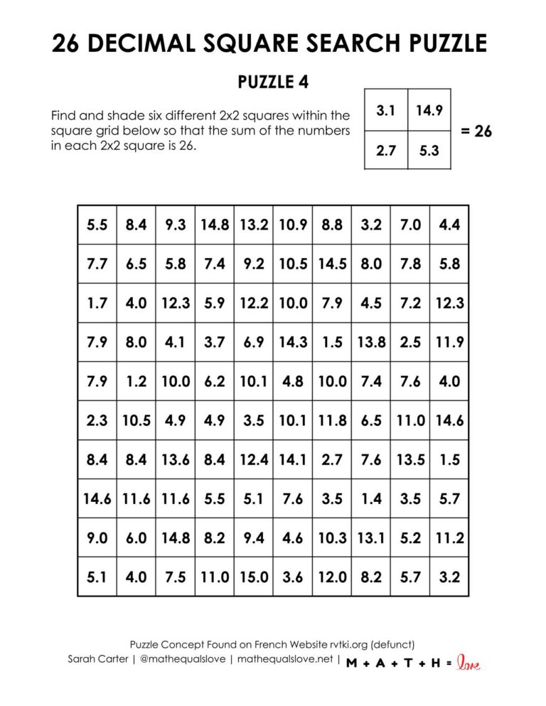 26 Decimal Square Search Puzzles | Math = Love