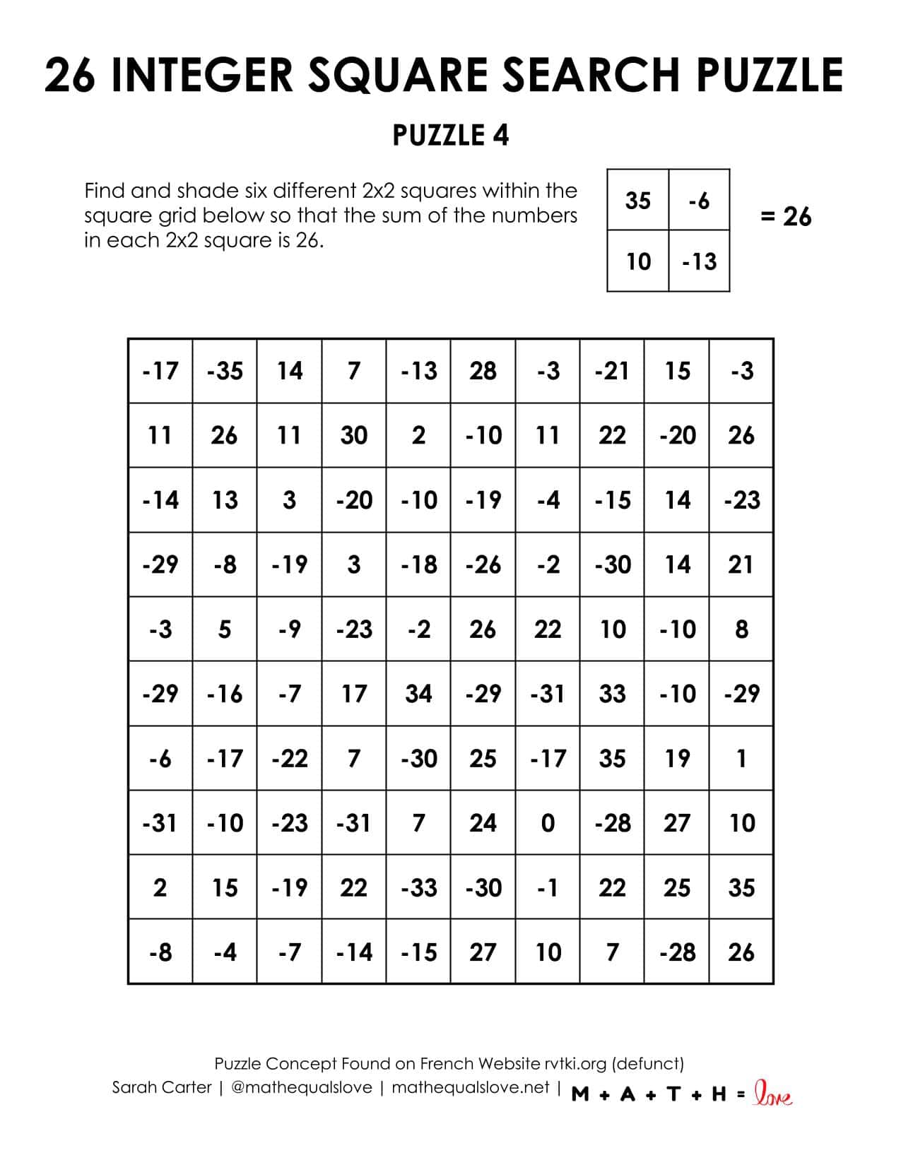 26 Integer Square Search Puzzles | Math = Love