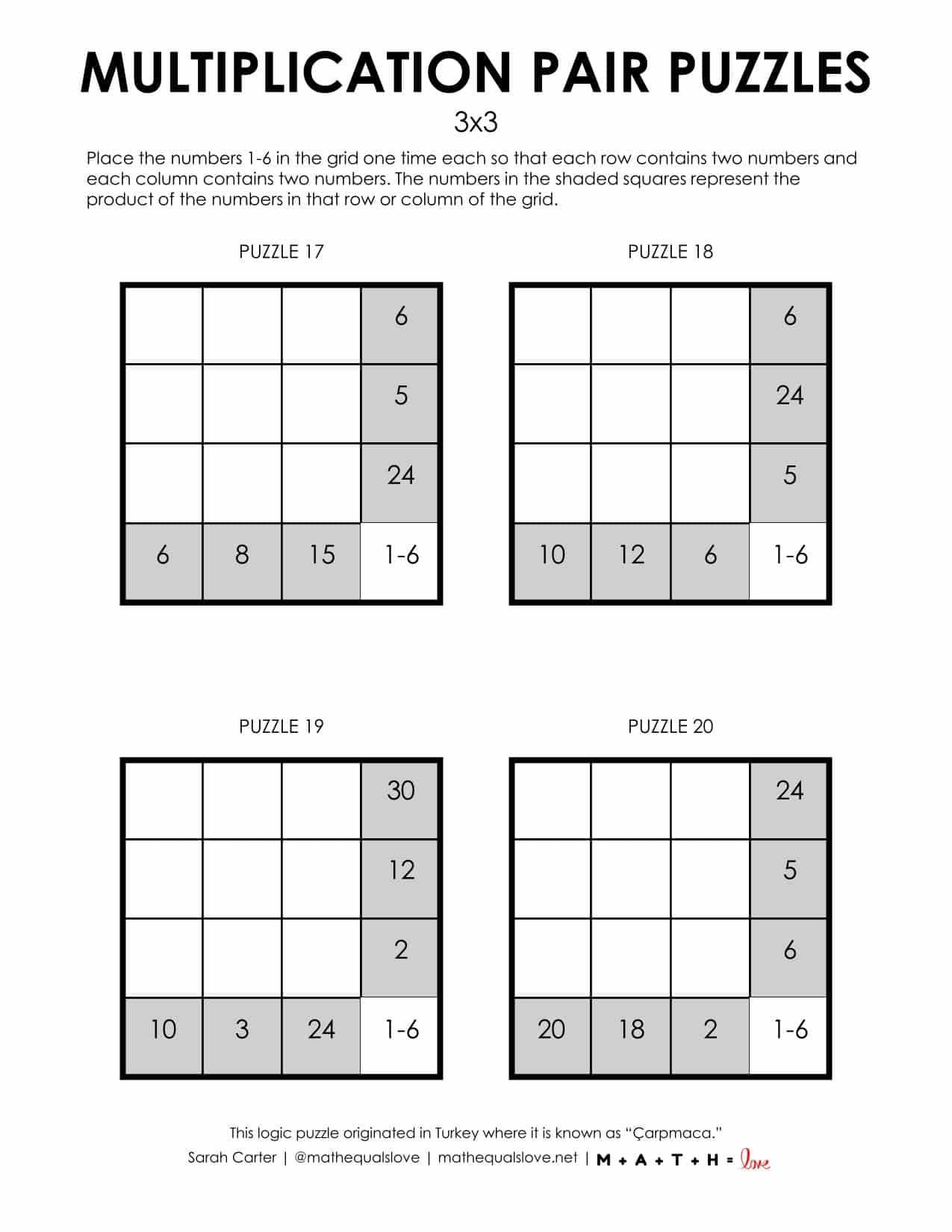 1-6 Multiplication Pair Puzzles (3x3 Grid) | Math = Love