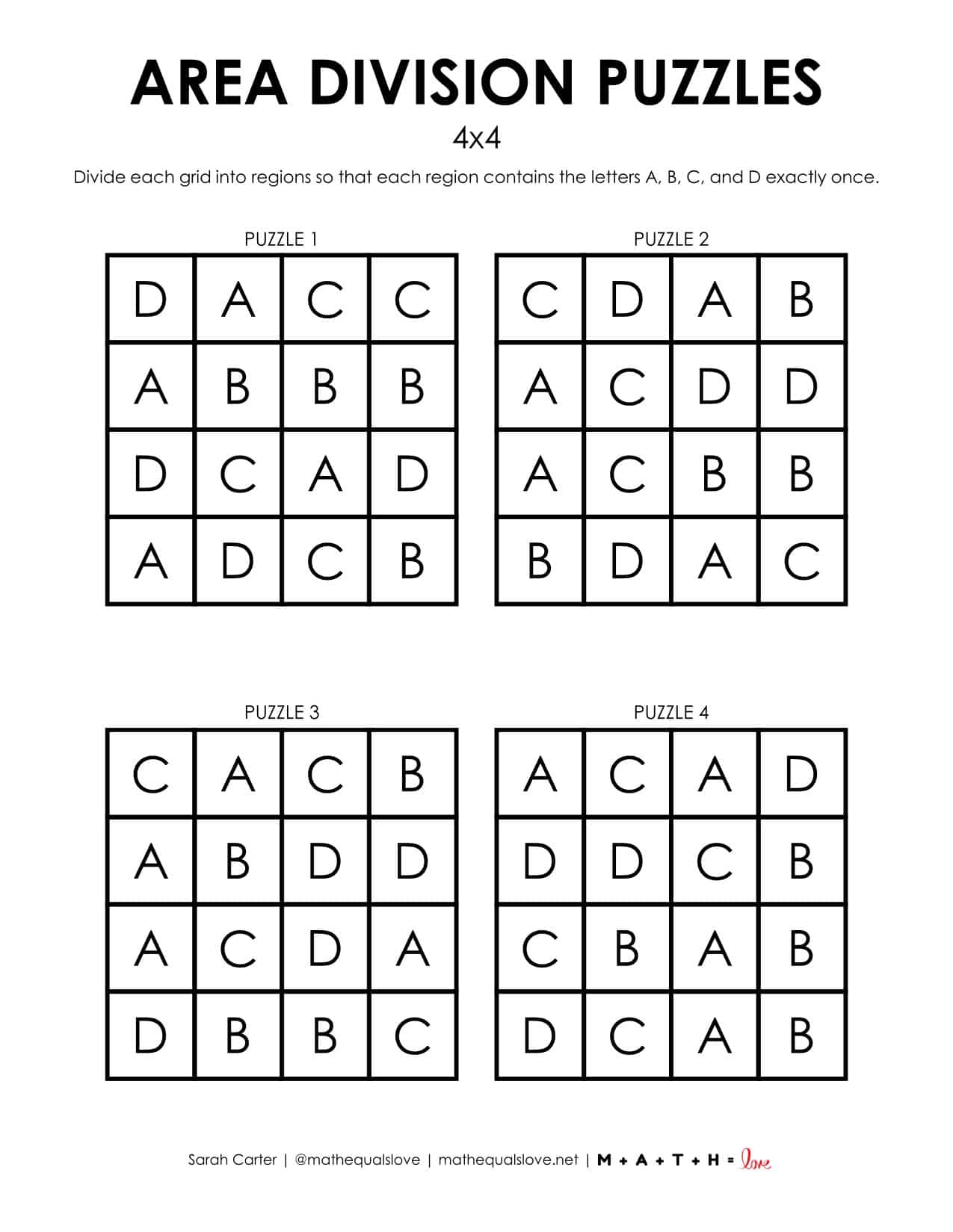 4x4 Area Division Puzzles | Math = Love