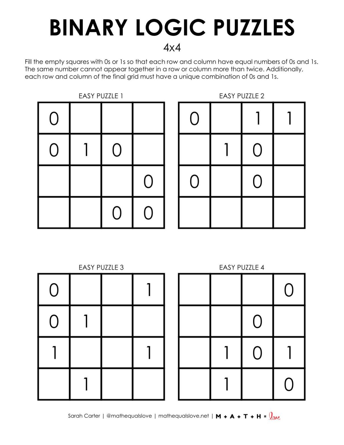 4x4 Binary Logic Puzzles | Math = Love