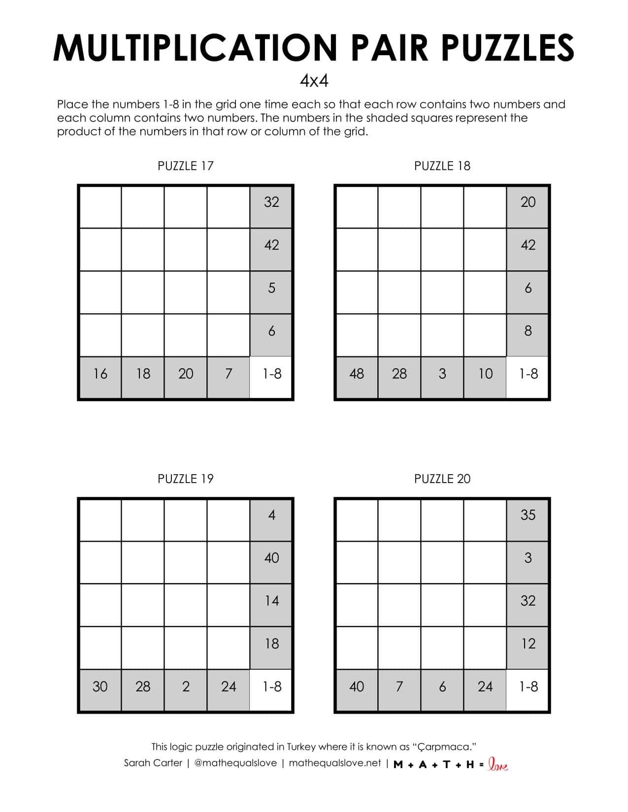 1-8 Multiplication Pair Puzzles (4x4 Grid) | Math = Love