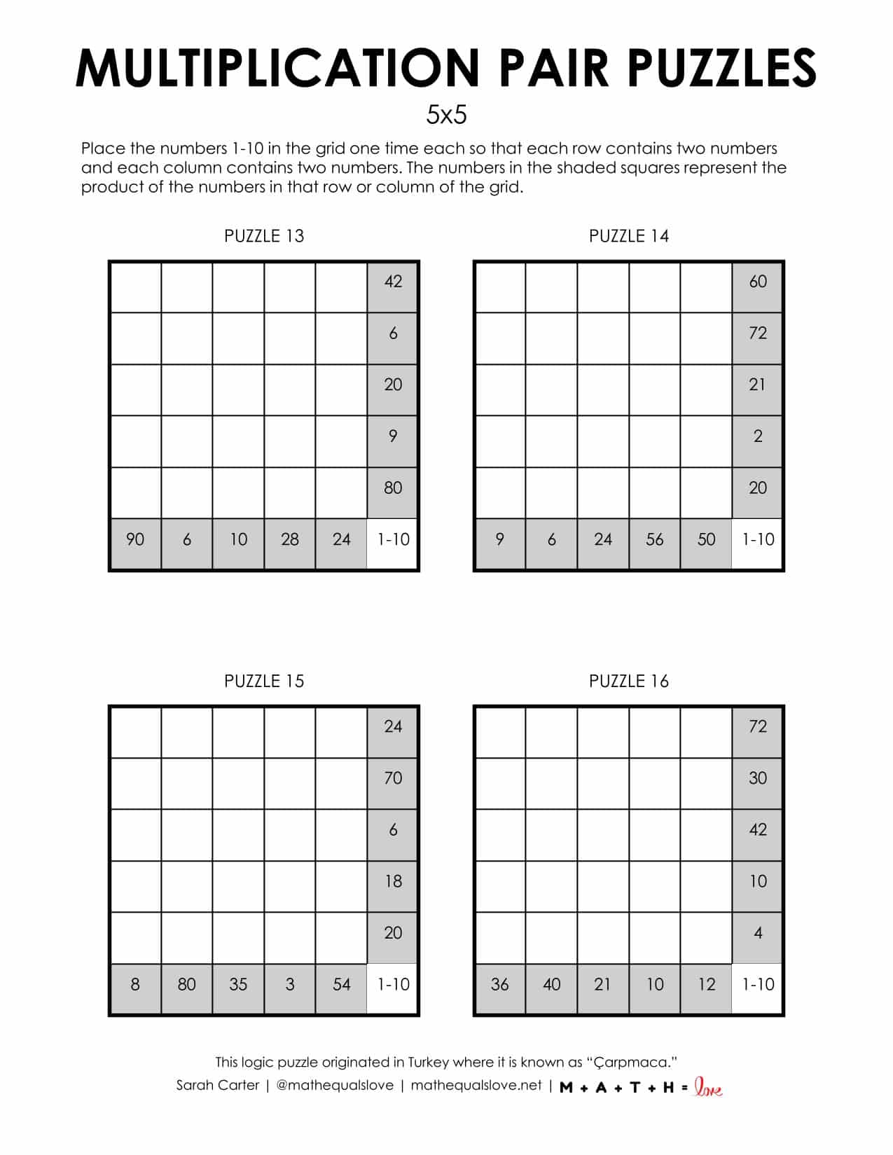1-10 Multiplication Pair Puzzles (5x5 Grid) | Math = Love