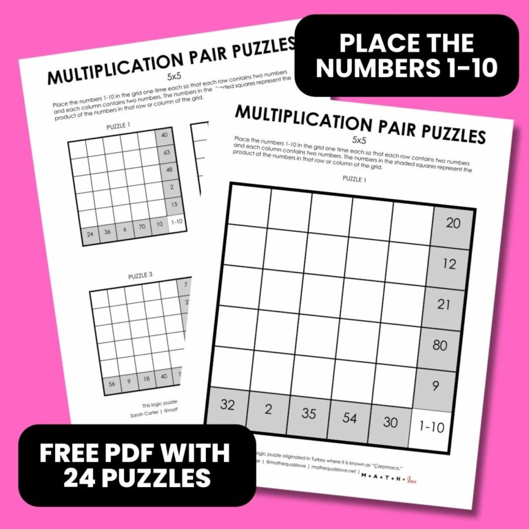 1-10 Multiplication Pair Puzzles (5x5 Grid) | Math = Love