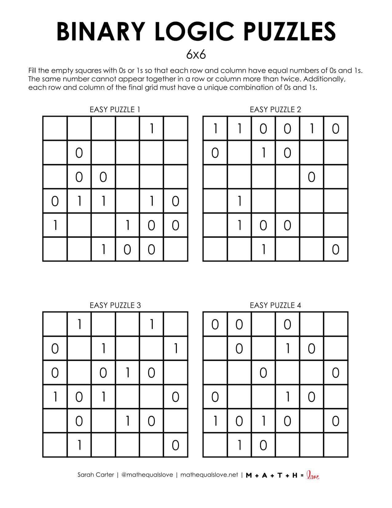6x6 Binary Logic Puzzles | Math = Love