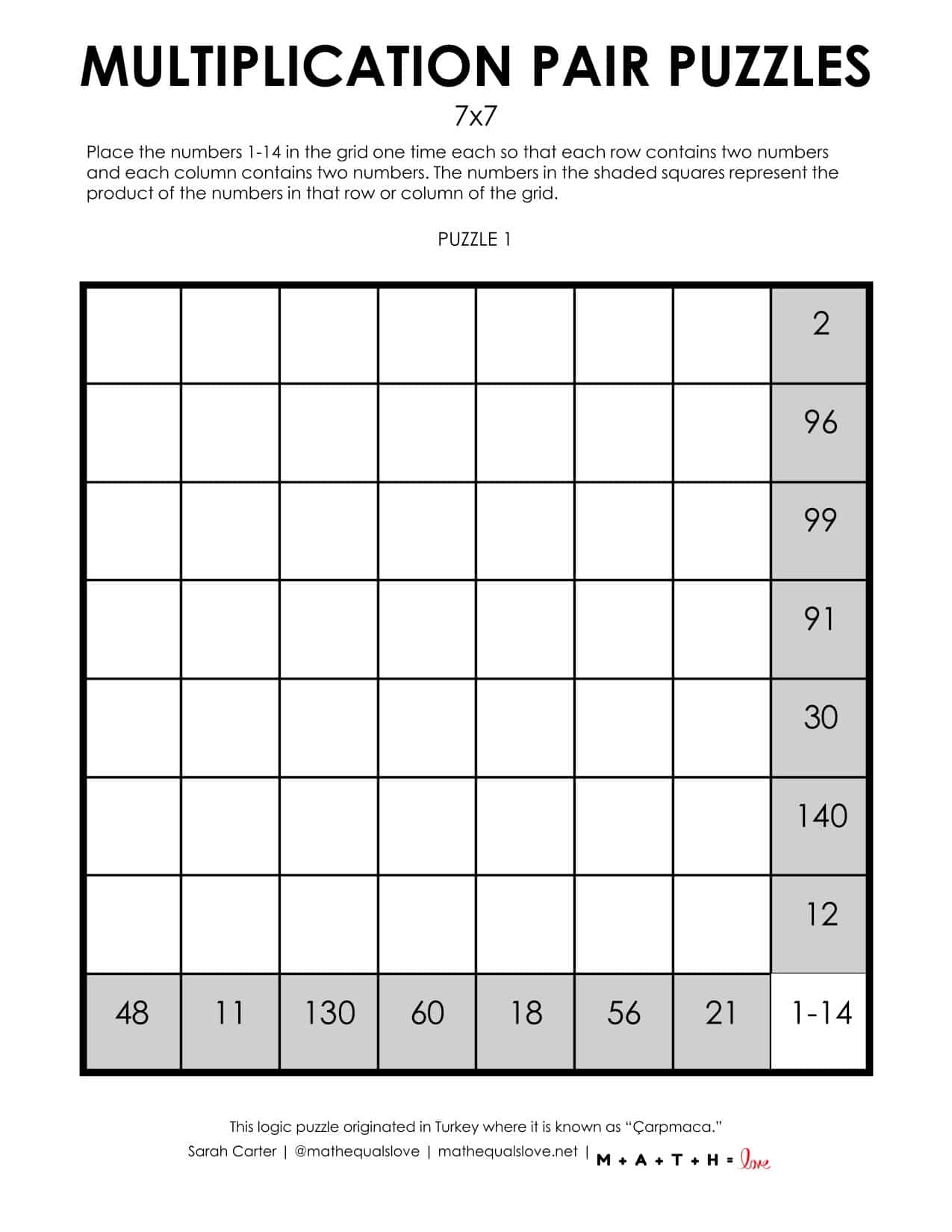 1-14 Multiplication Pair Puzzles (7x7 Grid) | Math = Love