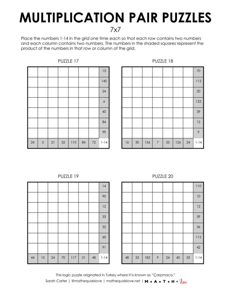 1-14 Multiplication Pair Puzzles (7x7 Grid) | Math = Love
