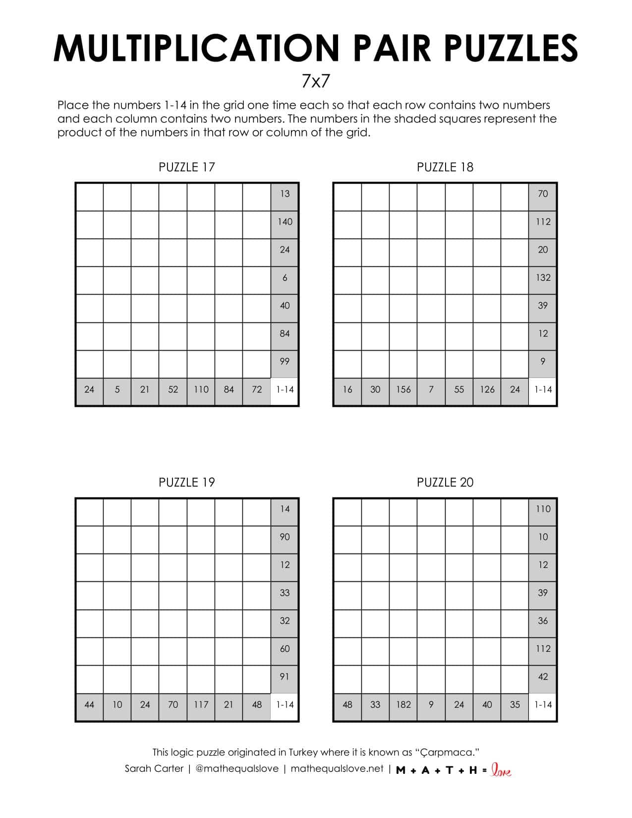 1-14 Multiplication Pair Puzzles (7x7 Grid) | Math = Love