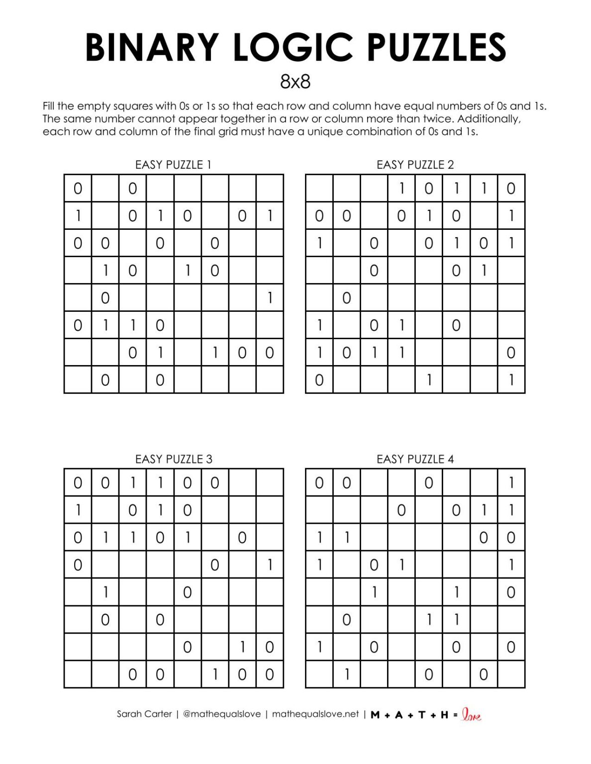 8x8 Binary Logic Puzzles | Math = Love