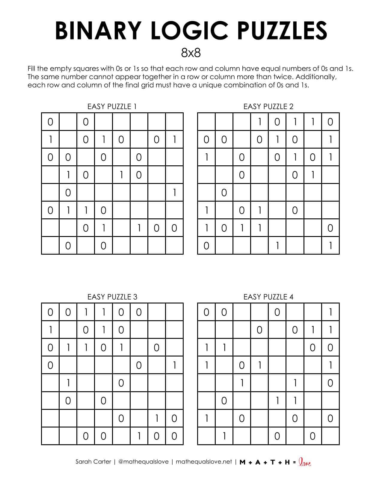 8x8 Binary Logic Puzzles | Math = Love