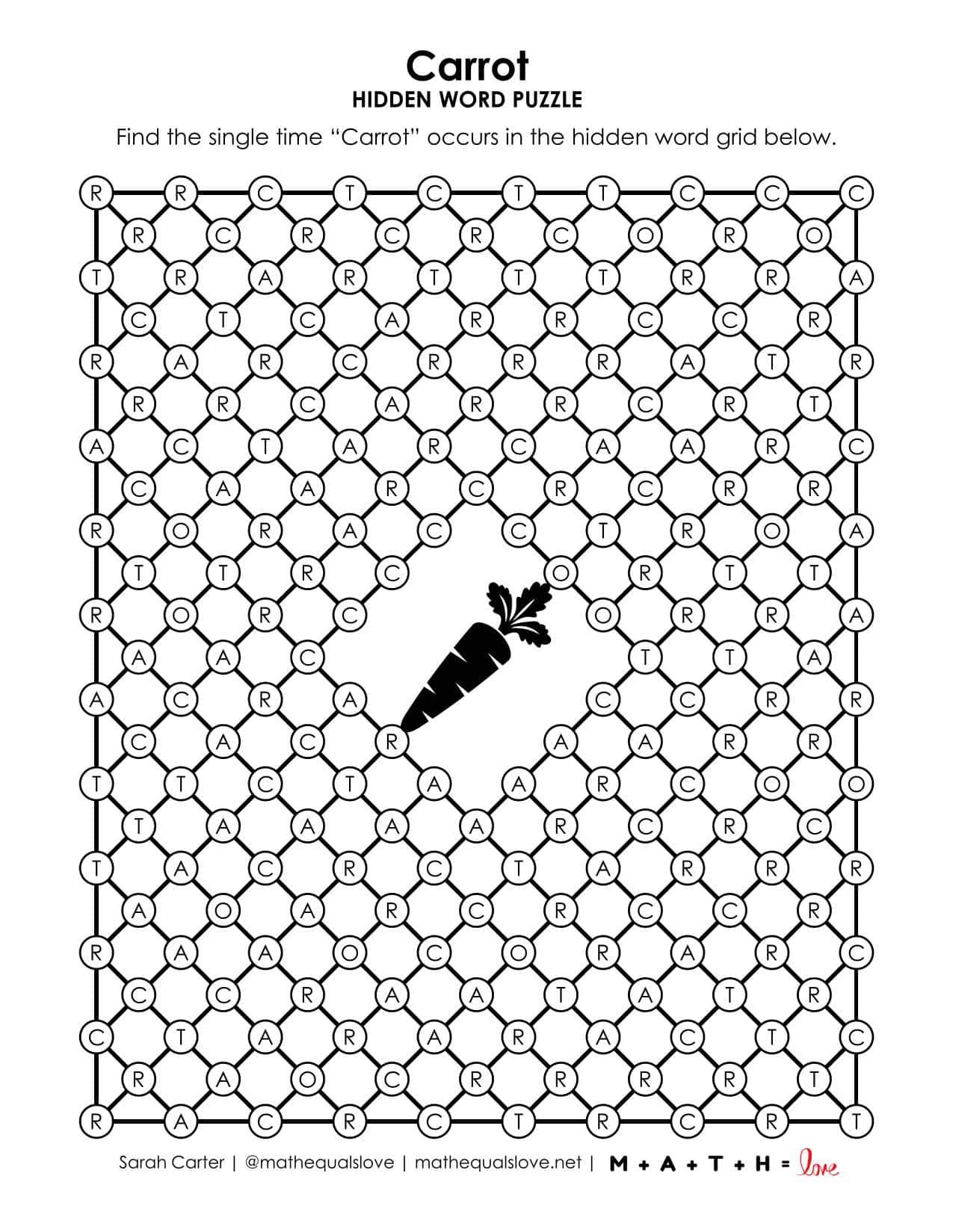 Carrot Hidden Word Puzzle | Math = Love