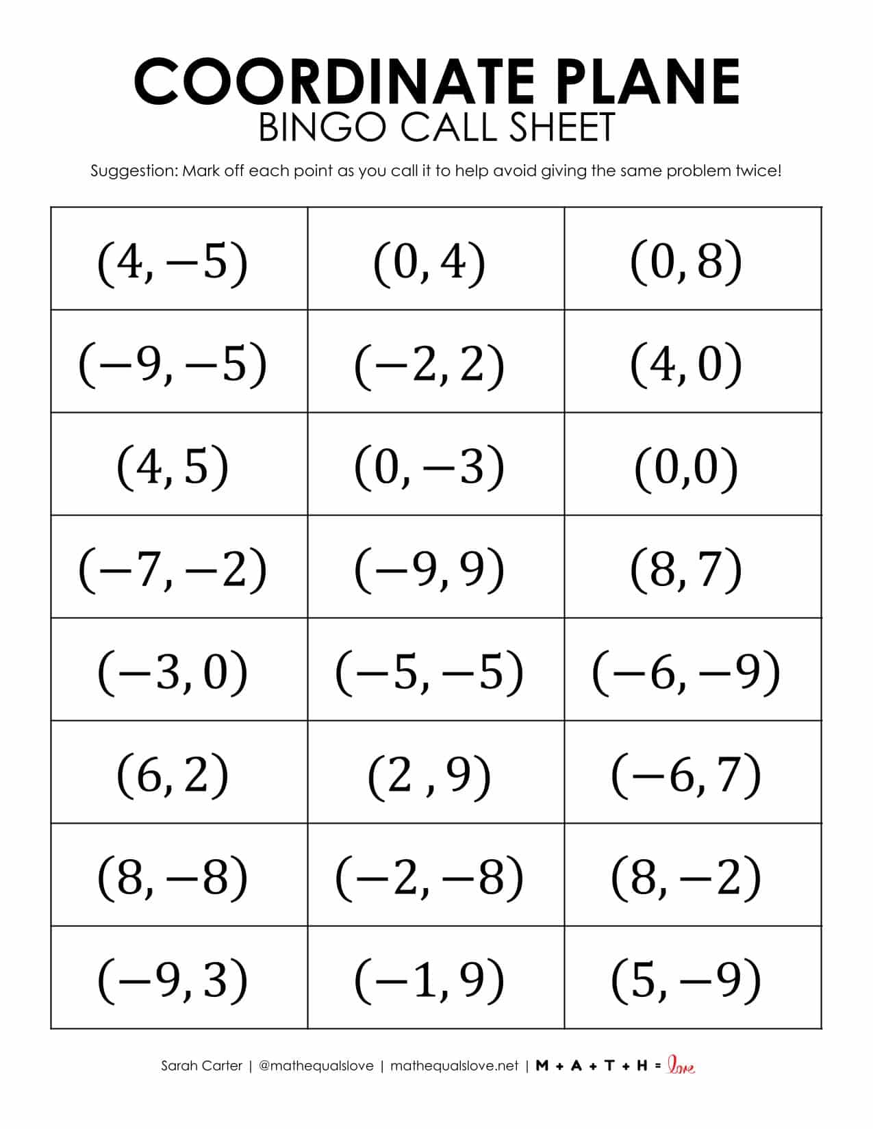 Coordinate Plane Bingo Game | Math = Love