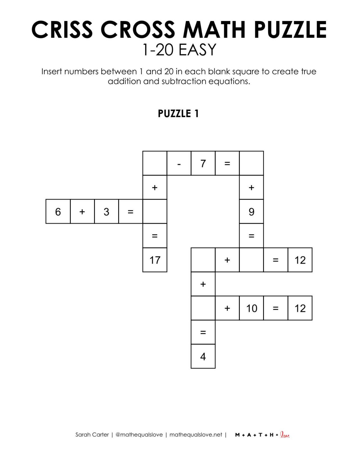 Criss Cross Math Puzzles 1-20 | Math = Love