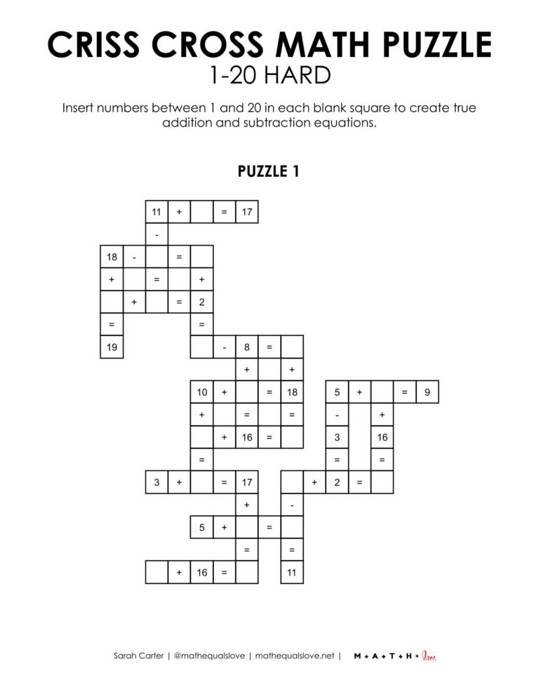 Criss Cross Math Puzzles 1-20 | Math = Love