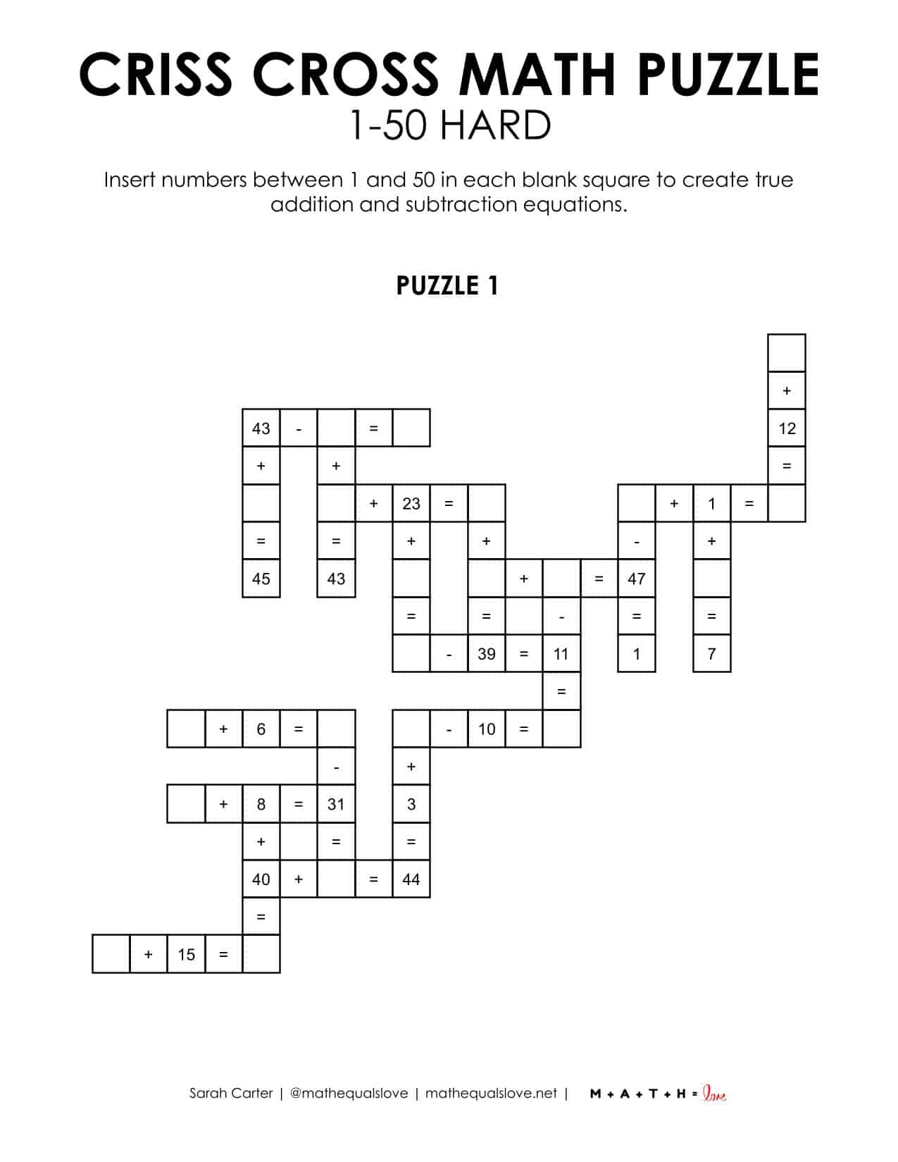 Criss Cross Math Puzzles 1-50 | Math = Love