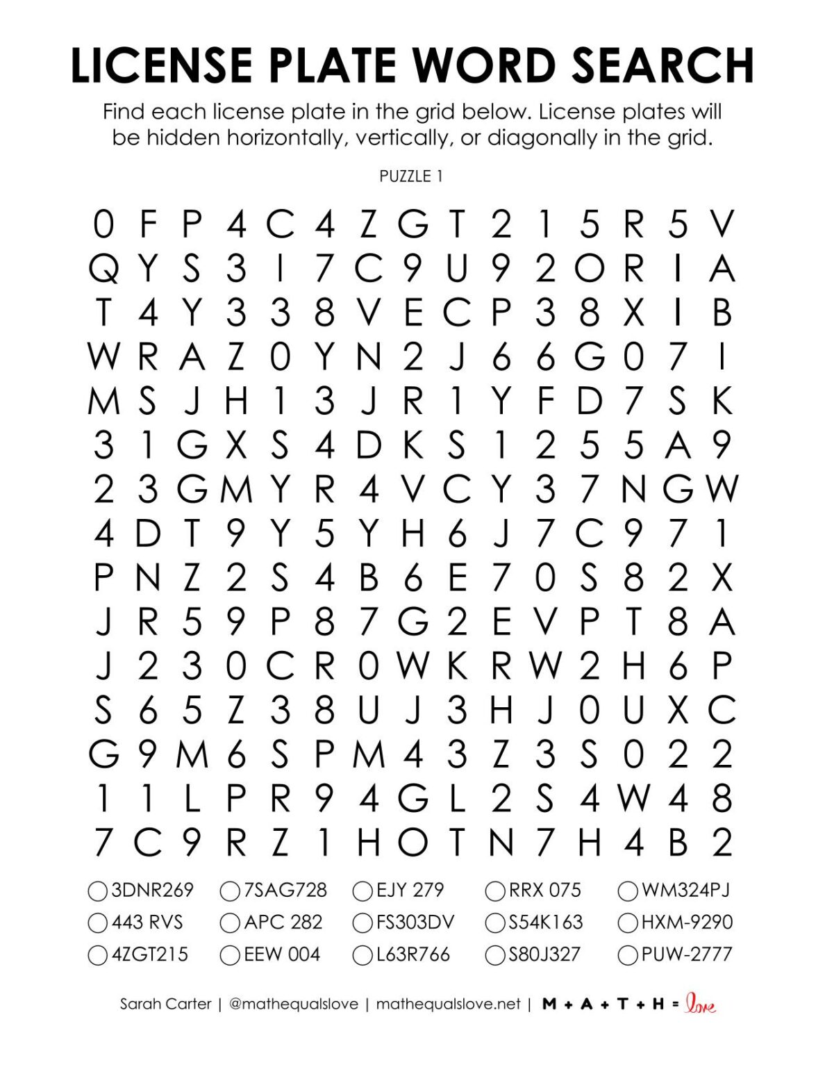 License Plate Word Search Puzzles | Math = Love