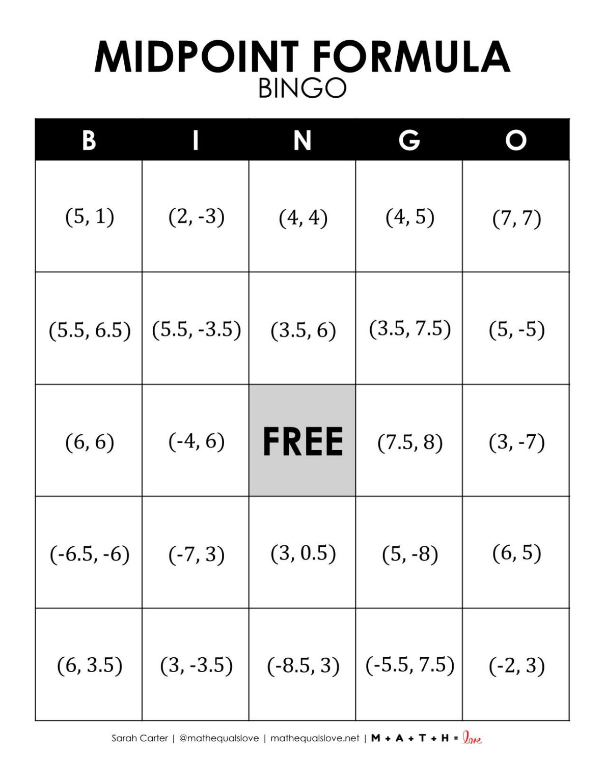 Midpoint Formula Bingo Game | Math = Love