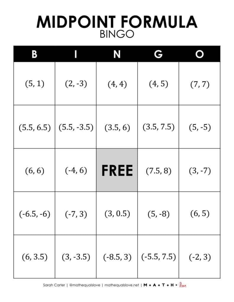 Midpoint Formula Bingo Game | Math = Love