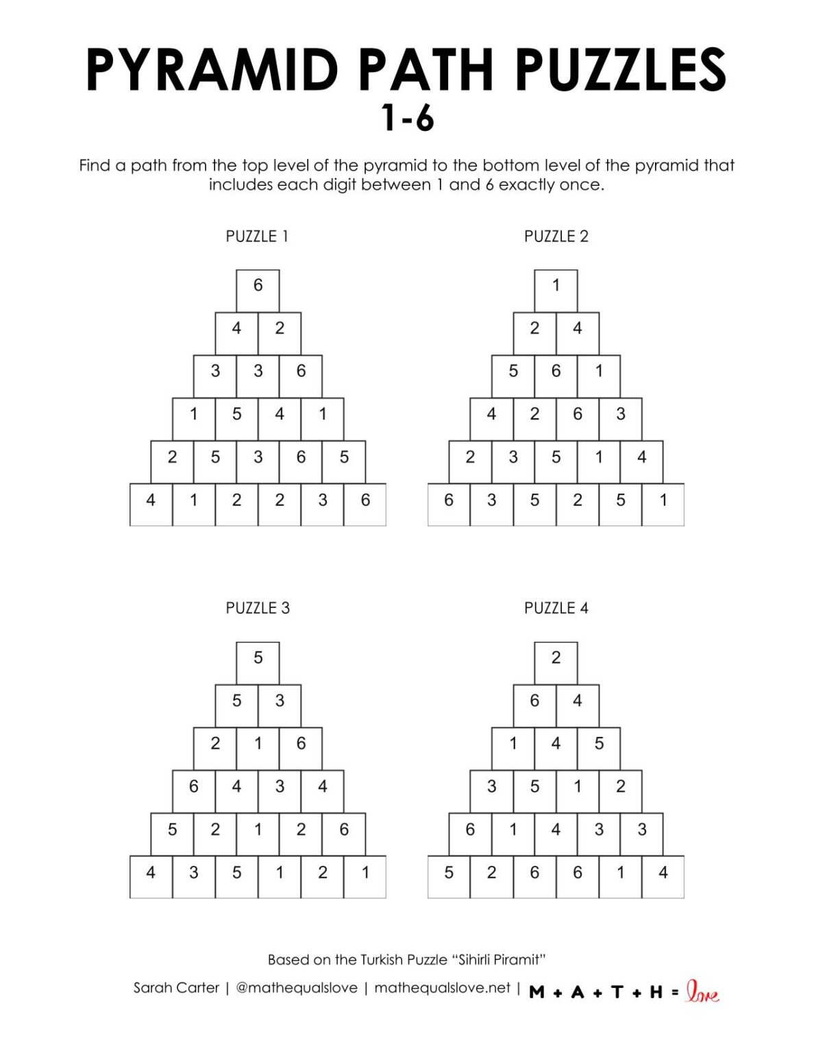 1-6 Pyramid Path Puzzles | Math = Love