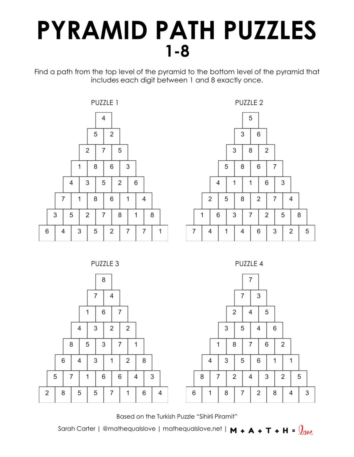 1-8 Pyramid Path Puzzles | Math = Love