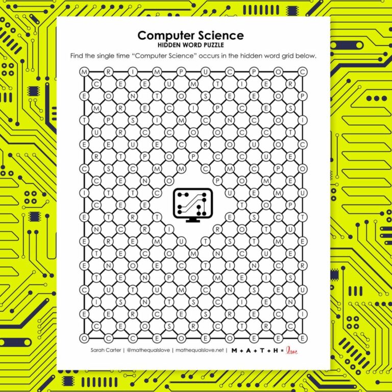 Computer Science Hidden Word Puzzle | Math = Love