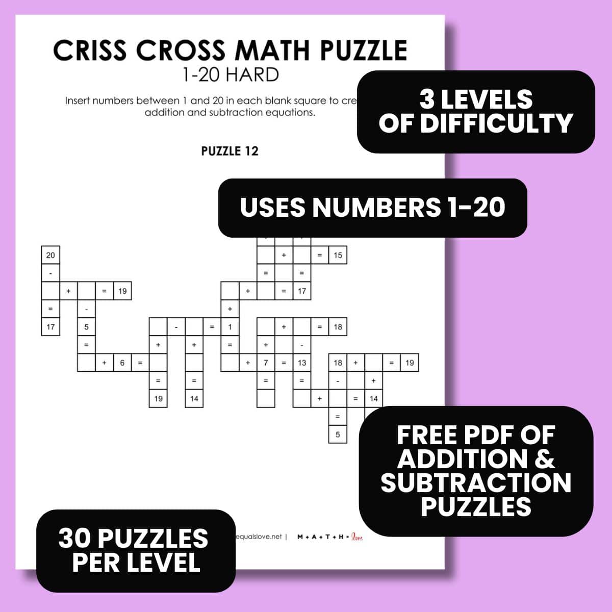 Criss Cross Math Puzzles 1-20 | Math = Love