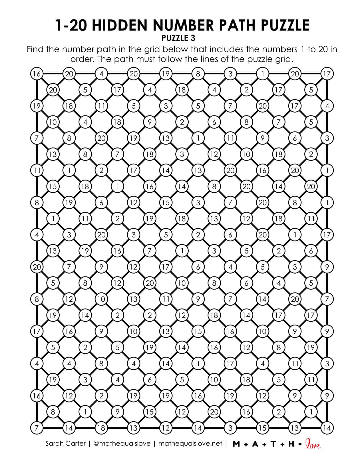 1-20 Hidden Number Path Puzzles | Math = Love