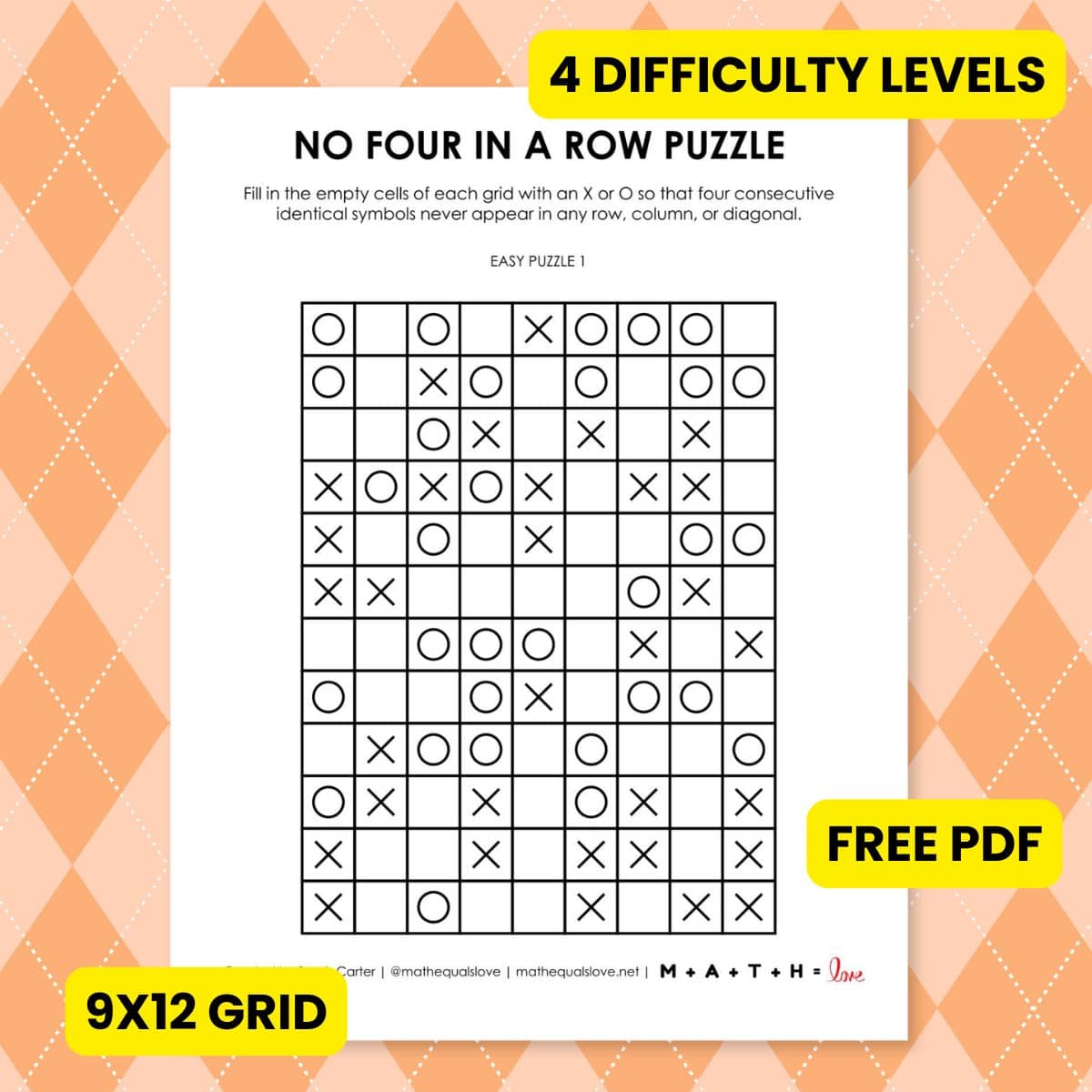 9x12 Rectangle No Four in a Row Puzzles | Math = Love