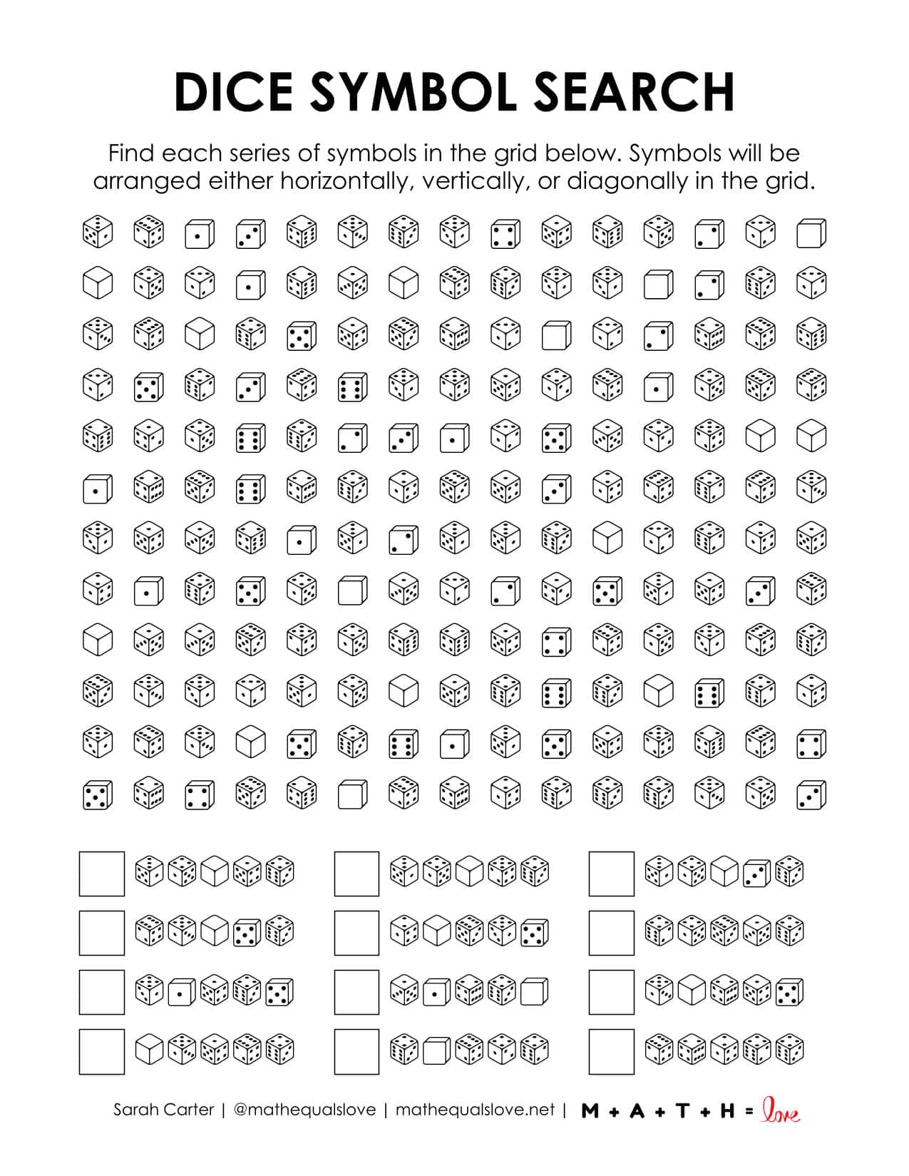 Dice Symbol Search Puzzle | Math = Love