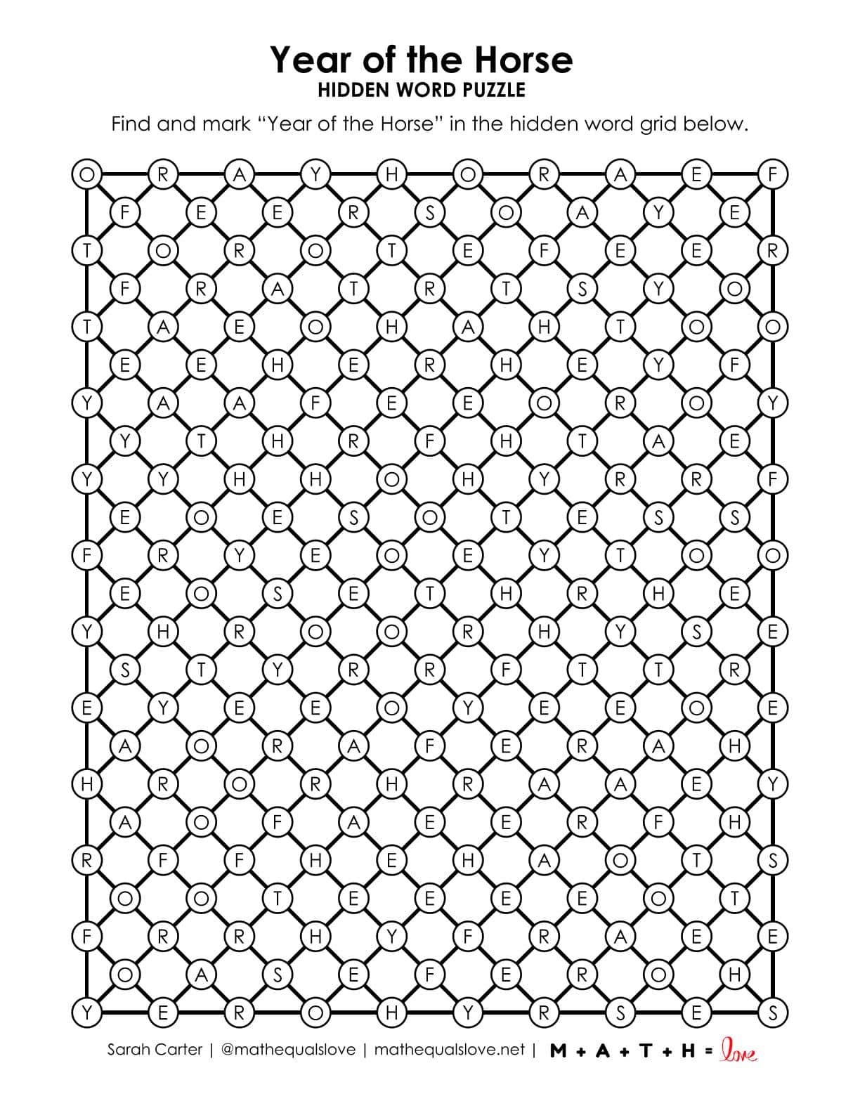 Year of the Horse Hidden Word Puzzle | Math = Love