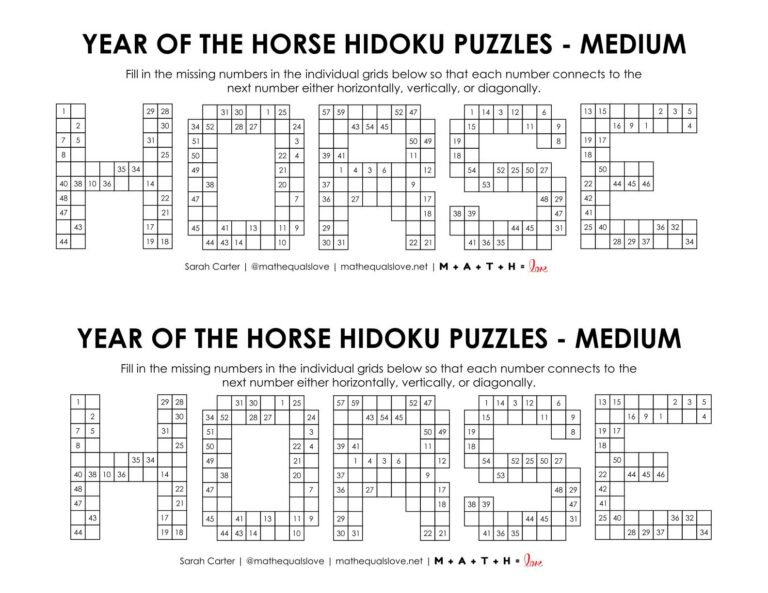 Year of the Horse Hidoku Puzzles | Math = Love