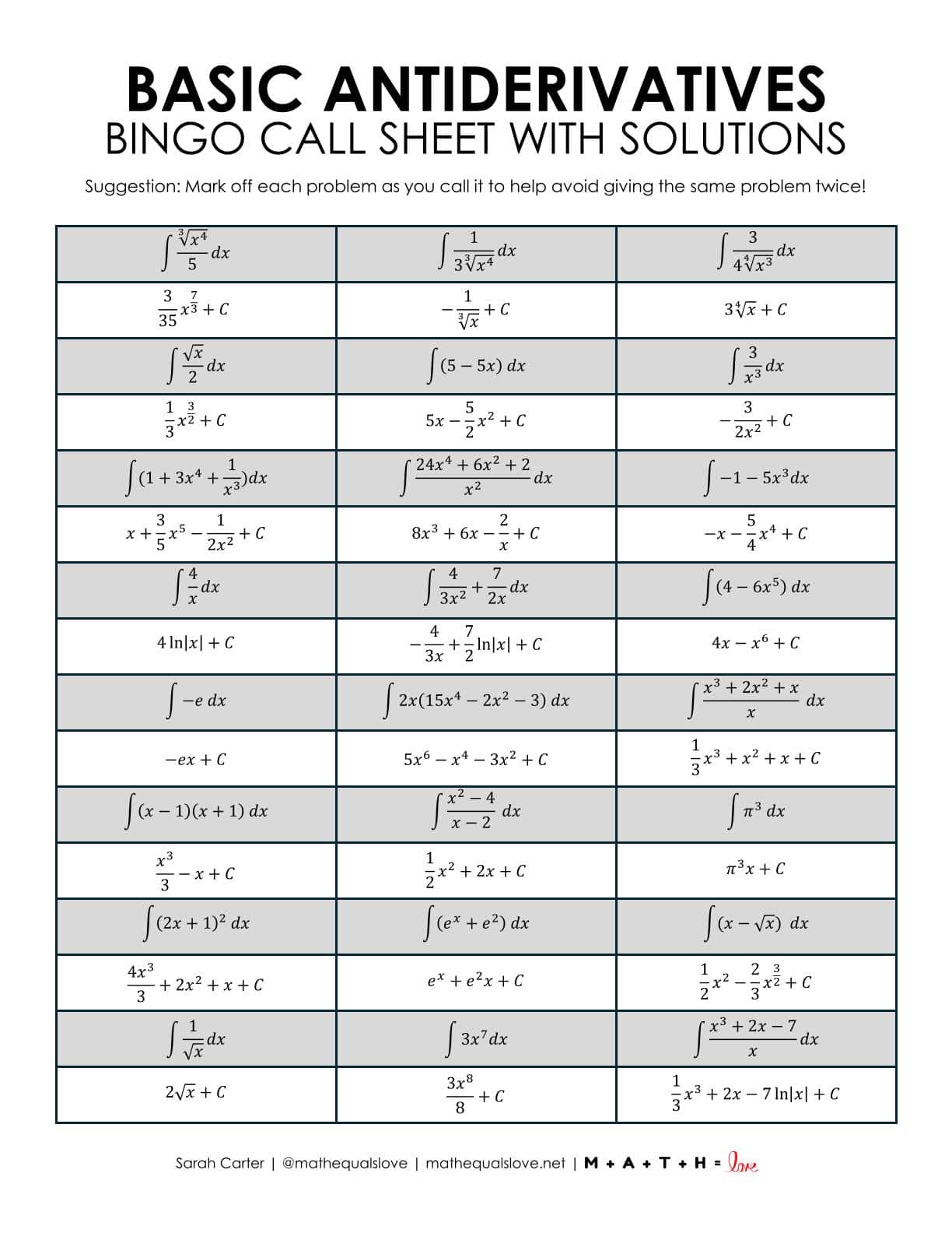 Calculus Antiderivatives Bingo | Math = Love