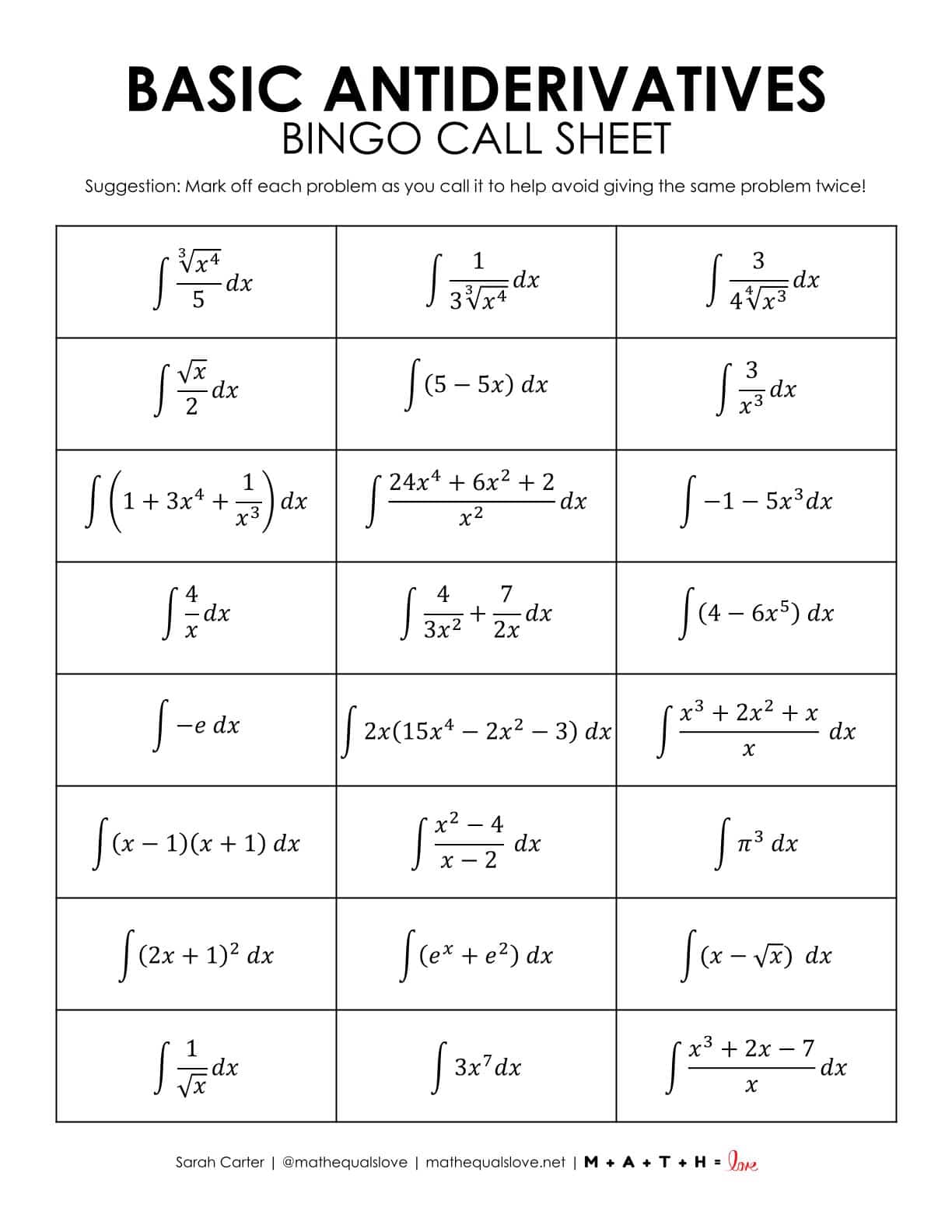 Calculus Antiderivatives Bingo | Math = Love